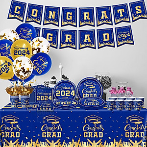 Graduation Decorations Class of 2024 Tableware Kit Blue and Gold Congrats Grad Plates and Napkins Disposable Graduation Party Supplies for Graduation Party Decorations (Blue)