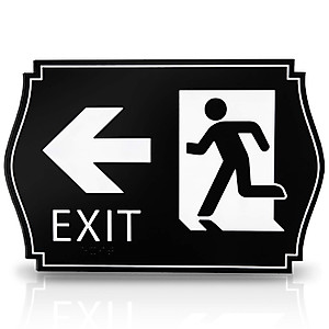 KickFire Classics Exit Sign Braille - ADA Compliant Black and White Signage, Self-Adhesive Mounted - Tactile Emergency Route Board for Office, Business, Stairwell, Home and Restaurant - Arrow Left