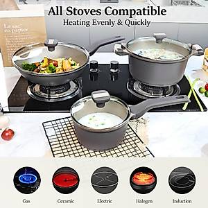 HENSENMEN Pots and Pans Set Nonstick, 6 Pcs of Kitchen Cookware Set, Dishwasher Safe Cooking Pots and Pans Set w/Saute Pan & Saucepan & Casserole Pot