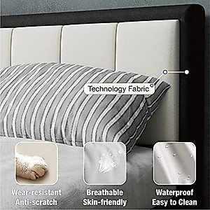 Konprosp Twin Size Bed Frame with Upholstered Headboard, Platform in New Technical Fabric, Mattress Foundation with Wooden Slats Support, Easy Assembly, No Box Spring Needed, Black & White