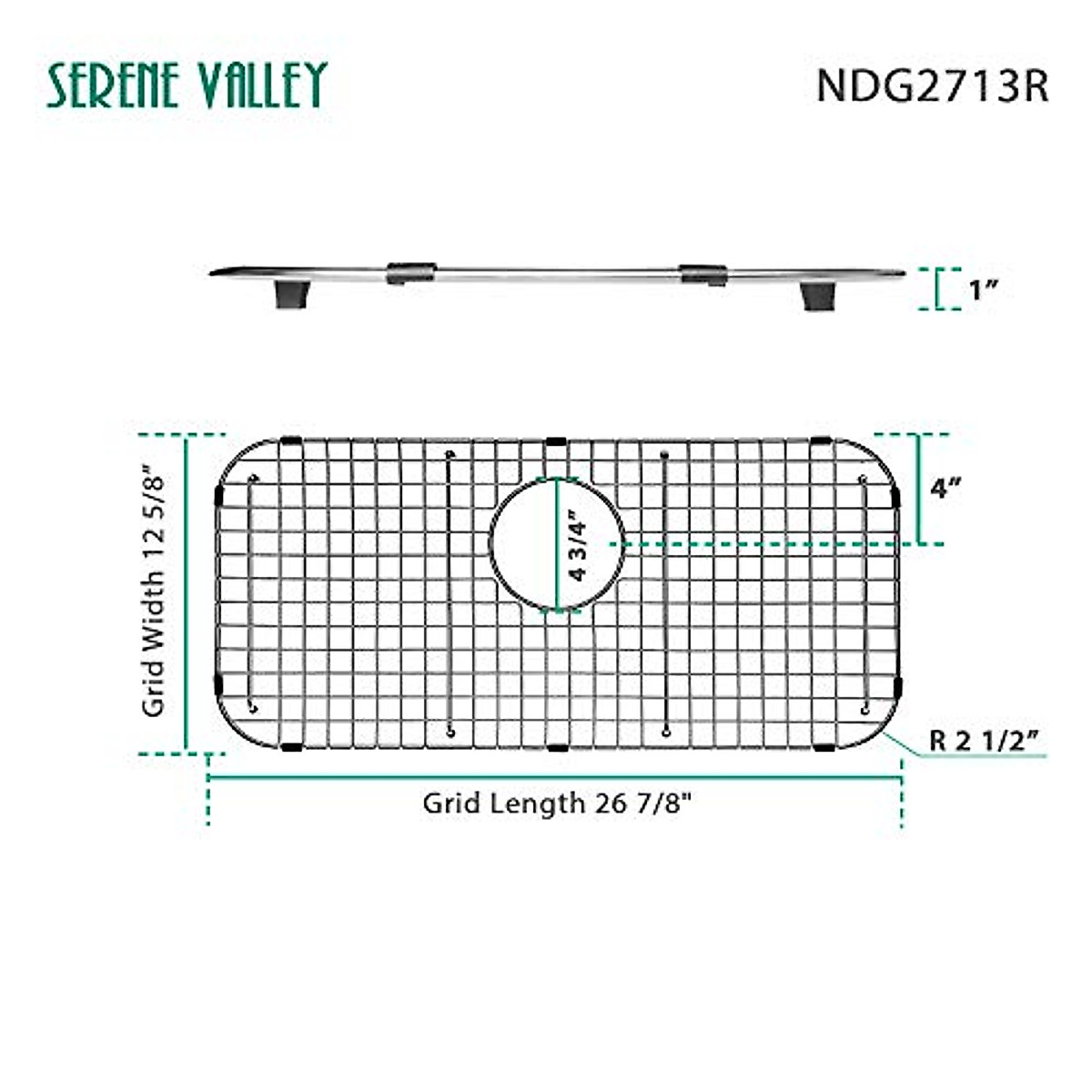 Serene Valley Sink Bottom Grid 26-7/8" x 12-5/8", Rear Drain with Corner Radius 2-1/2", Sink Protector NDG2713R