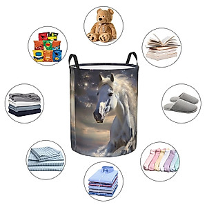 HSYOYO White Horse Laundry Basket Collapsible Laundry Hamper Large Round Laundry Storage Basket with Handles Waterproof Laundry Organizer Bag for Clothes Toy Bedroom Nursery