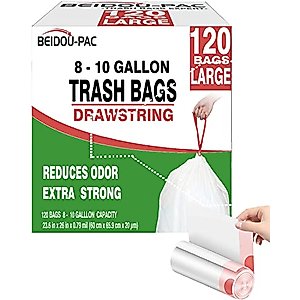 BEIDOU-PAC Trash Bags 8-10 Gallon Drawstring, 120 Count, Multifold Roll Garbage Bags, Large Kitchen Trash Bags, Odorless & Heavy Duty White Plastic Food Scrap Bags for Bathroom Bedroom Office Waste