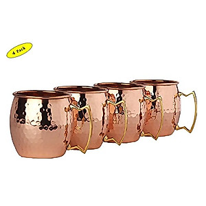 Prisha India Craft Set of 4 Moscow Mule Solid Copper Mug 16 OZ - 100% Pure Copper Hammered Lacquered Finish, Cocktail Cup, Copper Mugs, Cocktail Mugs with No Inner Linings