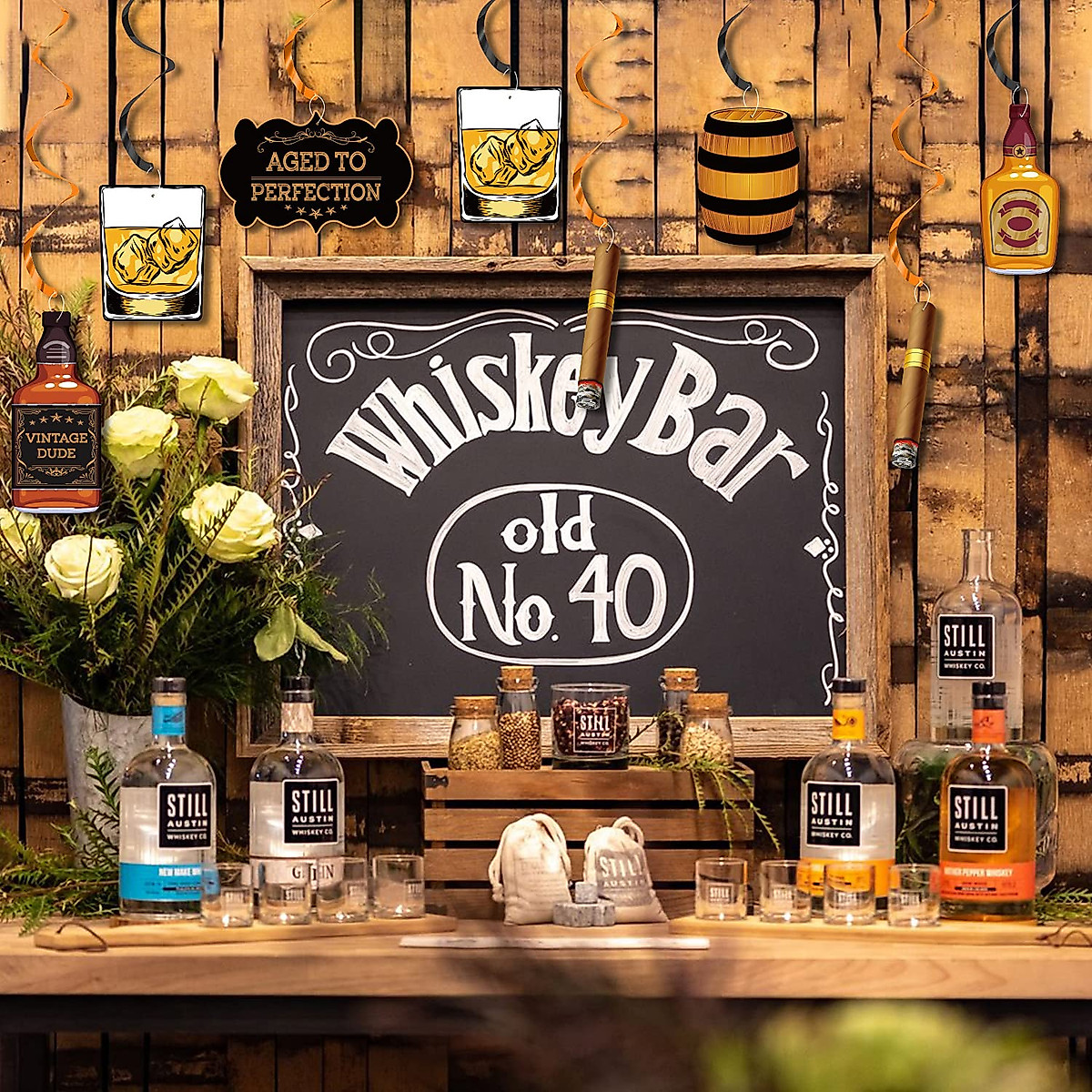 Whiskey Birthday Party Decorations for Men, Aged to Perfection Party Supplies Whiskey Beer Party Hanging Swirls Ceiling Streamers for 30th 40th 50th Birthday Decorations Cheers and Beers Party