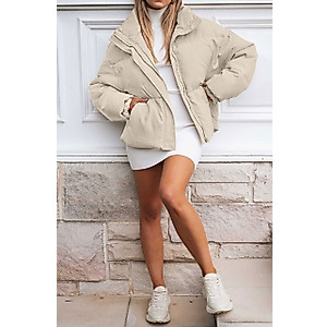 MEROKEETY Women's Winter Long Sleeve Zip Puffer Jacket Stand Collar Baggy Short Coats with Pockets, LightKhaki, XS