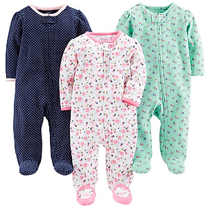 Simple Joys by Carter's Baby 3-Pack Sleep and Play, Mint Green Floral/Navy Dots/White Flowers, 3-6 Months