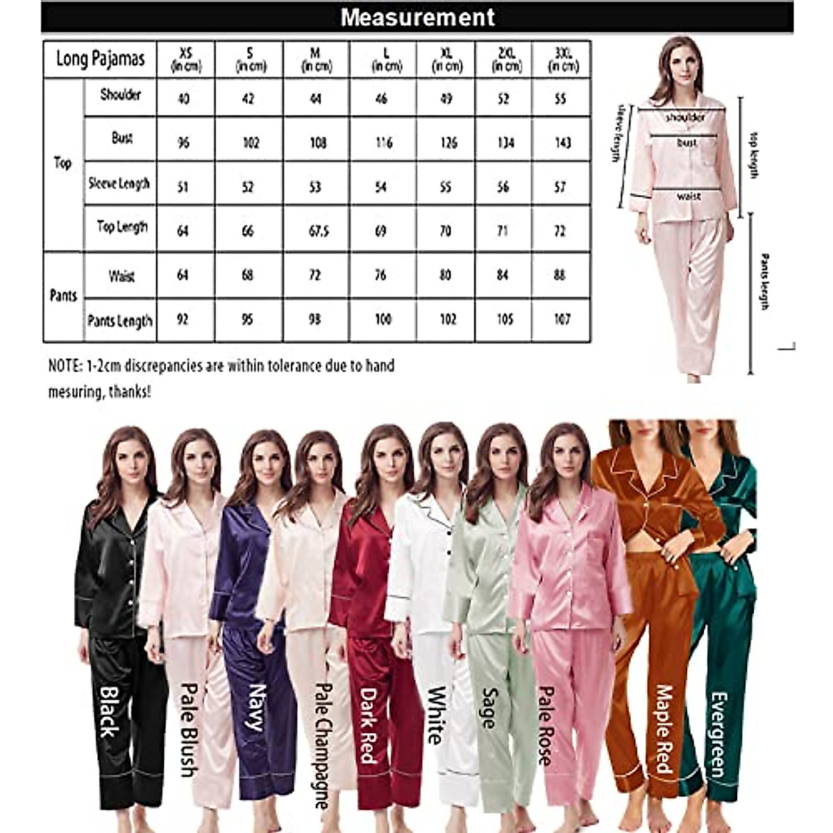 WJing Yi Jia Womens Pajama Set Silk Satin Pajamas Long 2pc Pjs Button Down Sleepwear Pj Set Loungewear