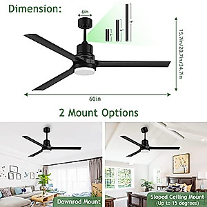 Biukis Ceiling Fans with Lights,Indoor and Outdoor Black Ceiling Fan with Remote Control, 60-inch Modern Ceiling Fans with Reversible DC Motor for Patio Bedroom Living Room