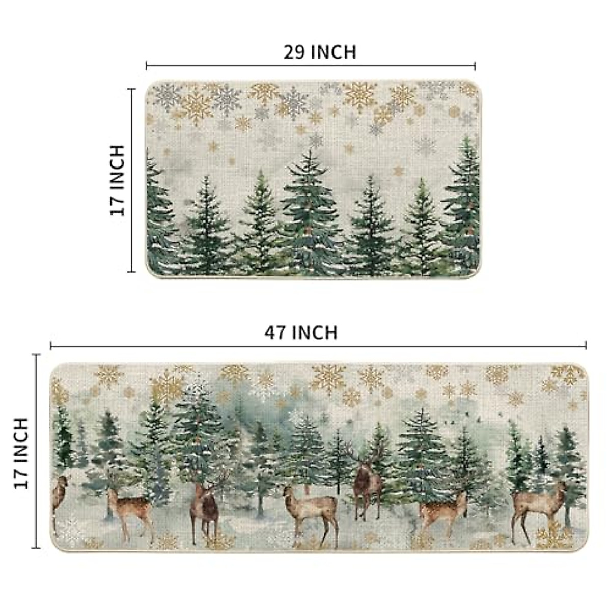 Artoid Mode Xmas Trees Deer Snowflakes Christmas Kitchen Mats Set of 2, Winter Home Decor Low-Profile Kitchen Rugs for Floor - 17x29 and 17x47 Inch