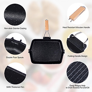 CAMPMAX Grill Pan with Folding Handle, Non-stick Grill Pan for Stove Tops, Induction Compatible KBBQ Grill Pan 14.5x9.9”