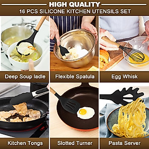 Kitchen Utensils Set, AIKKIL16 Pcs Cooking Utensils Set with Holder, Heat Resistance, Black Wooden Handle Silicone Kitchen Gadgets Utensil Set for Nonstick Cookware