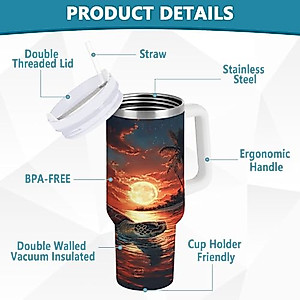 Slewiaeky Tumbler with Handle 40 oz Cool Tortoise Turtle Travel Mug with Lid and Straw Ocean Stainless Steel Vacuum Insulated Water Bottle Cup for Iced Tea Coffee Cold Beverages Cup Holder Friendly