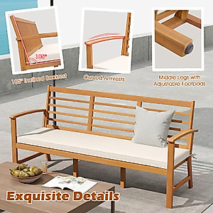 RELAX4LIFE 64’’ Outdoor Bench Acacia Wood - 3-Seat Patio Bench w/Slatted Backrest, Armrests & Seat Cushion, Extra Long Front Porch Bench for Park Poolside Yard, 1200LBS Capacity, 3-Person Garden Bench