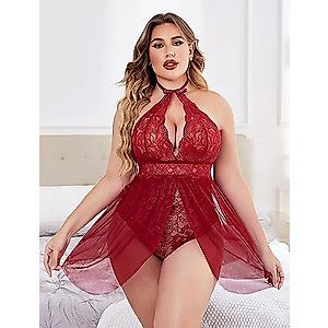 Avidlove Plus Size Lingerie for Valentines Women Lace Babydoll Chemise Nightgown Mesh Nightwear Side Slit Nightie L~4XL (Wine Red, XXX-Large)