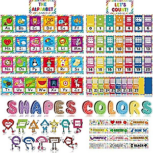 96 Pieces Toddler Educational Preschool Posters Alphabet Bulletin Board for Classroom Wall Decor Number Letters Colors and Shapes Cutouts Kids Early Learning Poster Cards for Classroom Wall Decor
