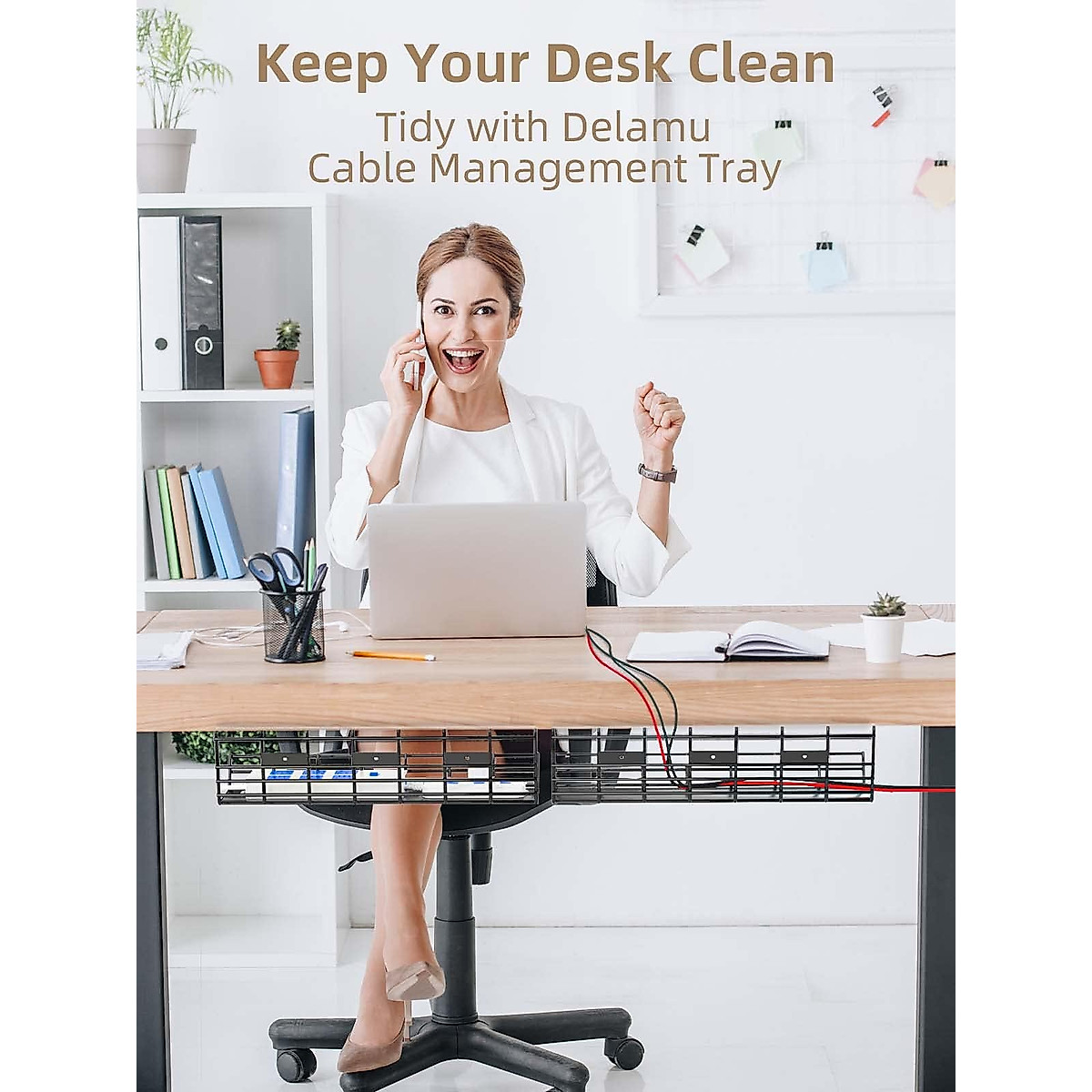 2 Pack Under Desk Cable Management Tray, 16.5'' Desk Cable Organizer Metal Wire Cord Management Under Desk Organizer for Office, Home, Black