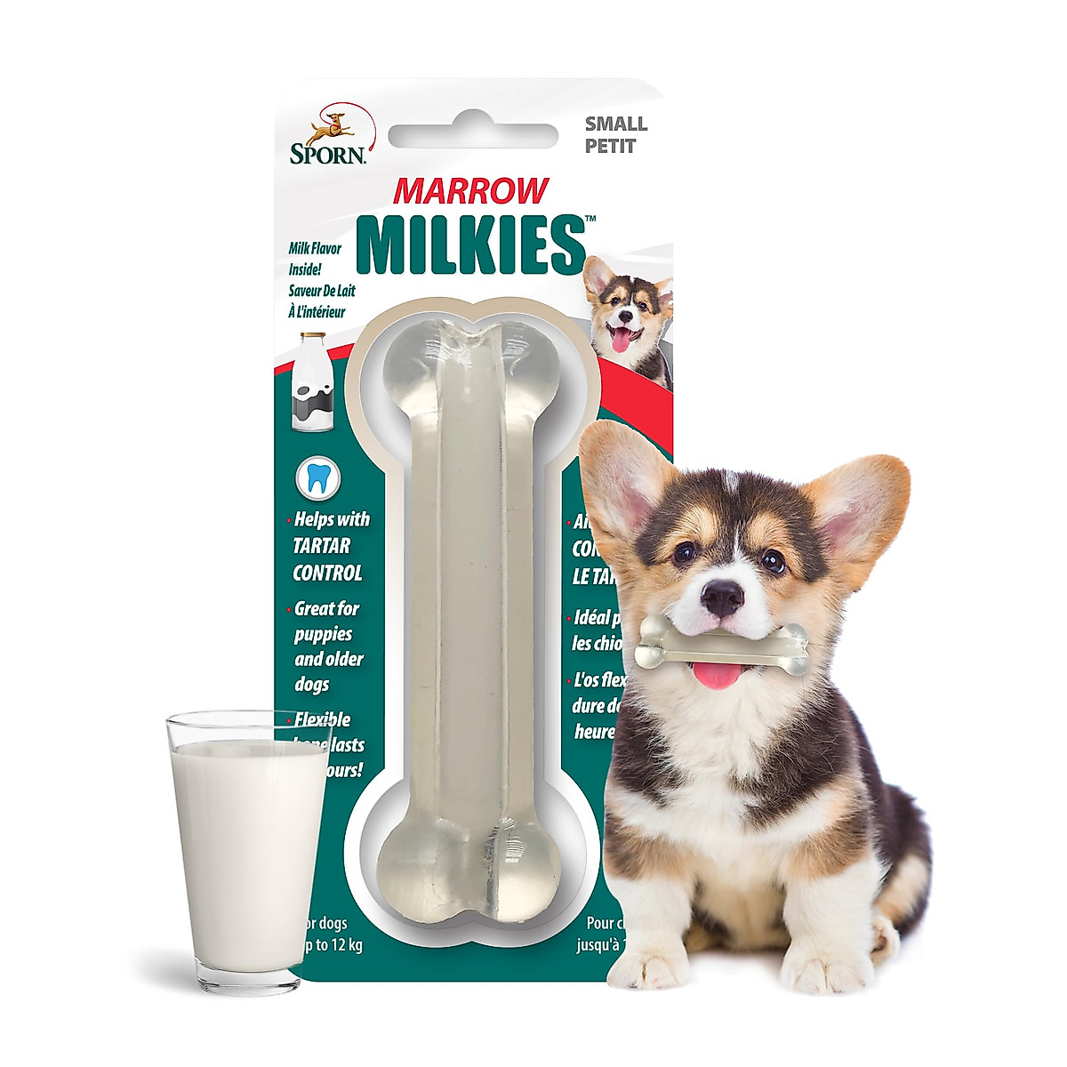 Sporn Marrow Milkies Chew Bones for Light Chewers, Milk Flavor Dog Chew Toys for Small Dogs, Made with Soft Thermoplastic Rubber Dog Dental Chew Toy, Gluten-Free & Non-Toxic, Small