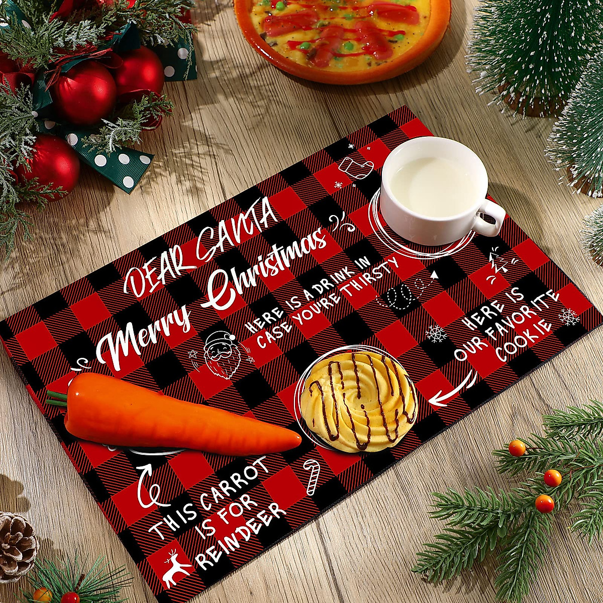 Dear Santa Placemat Buffalo Plaid Placemat Christmas Place Mat Decorations Santa Cookie Plate Xmas Eve Treat Board Wooden Tray Plate Santa Message Christmas Plate Mat for Kids (Black and Red Plaids)