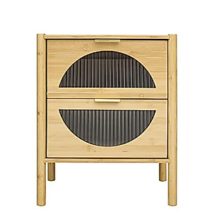 End Table with 2 Drawers, Bamboo Mid Century Modern Bamboo Bedside Table Night Stand with Drawer and Storage Shelf for Bedroom, Solid Wood End Table Side Table for Living Room, Easy Assembly