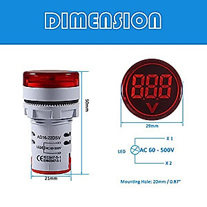 AEDIKO 5pcs LED Voltage Meter Indicator AC 60-500V LED Voltmeter Signal Light Digital Display DC Voltage Meter Indicator Round Lamp Tester