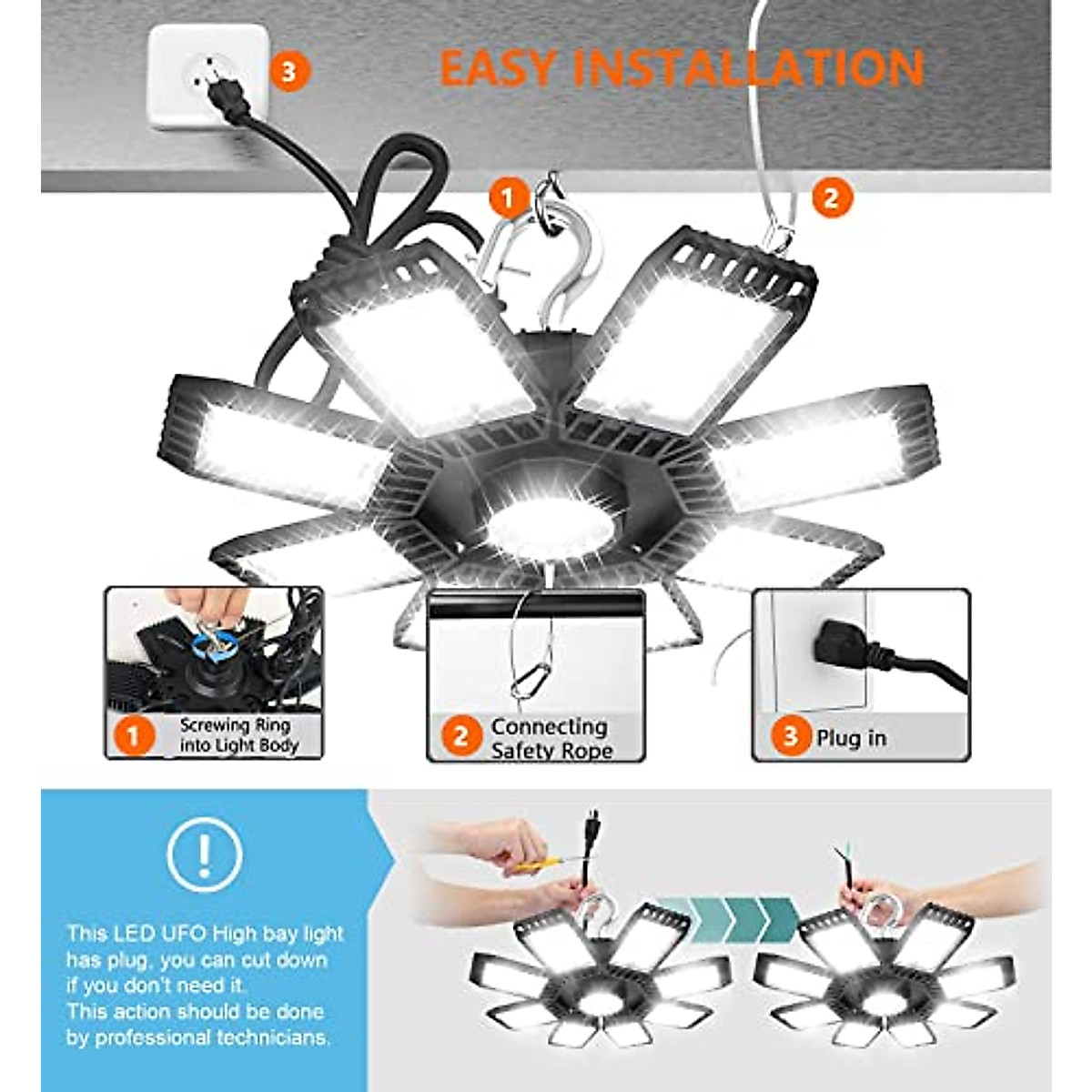 CODAFUL 150W LED Garage Light, Deformable High Bay Shop Lightswith Adjustable 8 Panels,150W 15000LM Bright 6500K for Commercial Warehouse Residential, Barn, Factory, Workshop(Black, 2PACK)