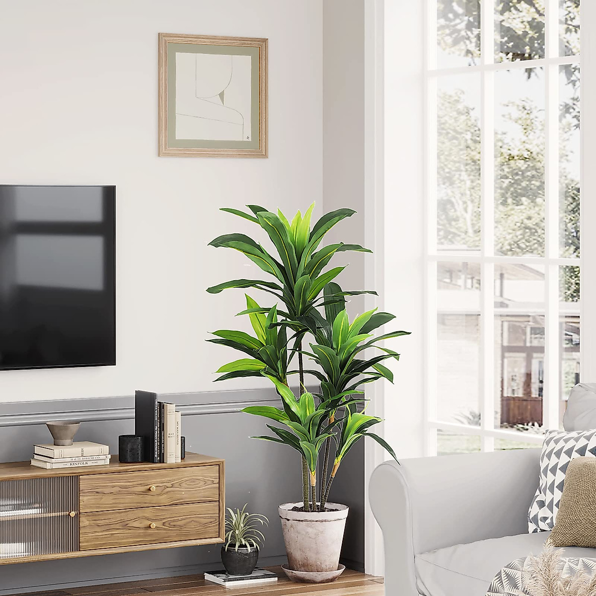 VIAGDO Dracaena Silk Plant Artificial 4ft Faux House Plants Evergreen Dracaena Marginata Fake Yucca Palm Trees in Pot Realistic Dragon Tree for Living Room Home Office Decor Indoor Outdoor