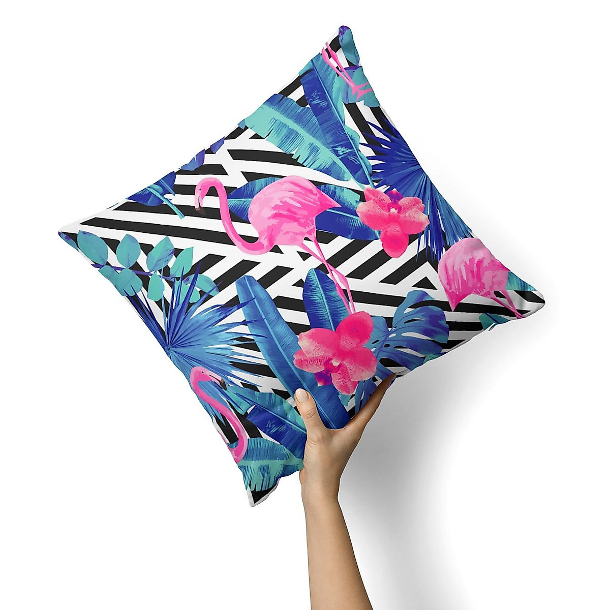 iiRov Summer Design Ink-Fuzed Decorative Throw Pillow - Vivid Tropical Chevron Floral v2