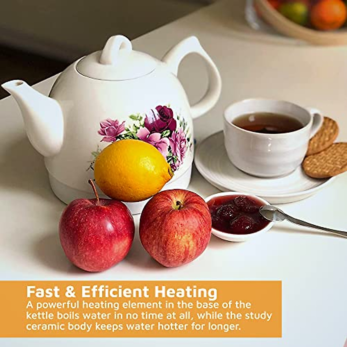 White Country Rose Ceramic Kettle - 1L | Cordless kettle with retro design | Fast boiling with anti-limescale properties | From Jean Patrique