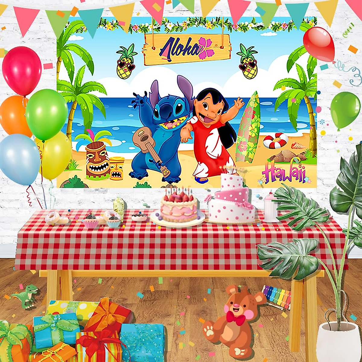 Summer Aloha Backdrop Birthday Party Supplies 5x3ft Tropical Beach Tawaii Photo Backgrounds Lilo and Stitch Theme Baby Shower Banner for Birthday Cake Table Decoration