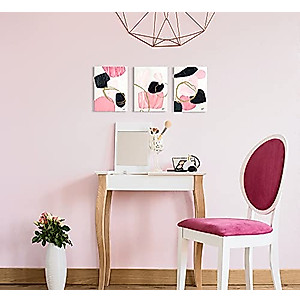 B BLINGBLING 3 Framed Pink Wall Decor: Blush Pink and Black Room Decor Black Pink Gray Gold White Abstract Canvas Art for Girls Bedroom Bathroom Office Living Room Home Decorations 12"x16"x3 Panels