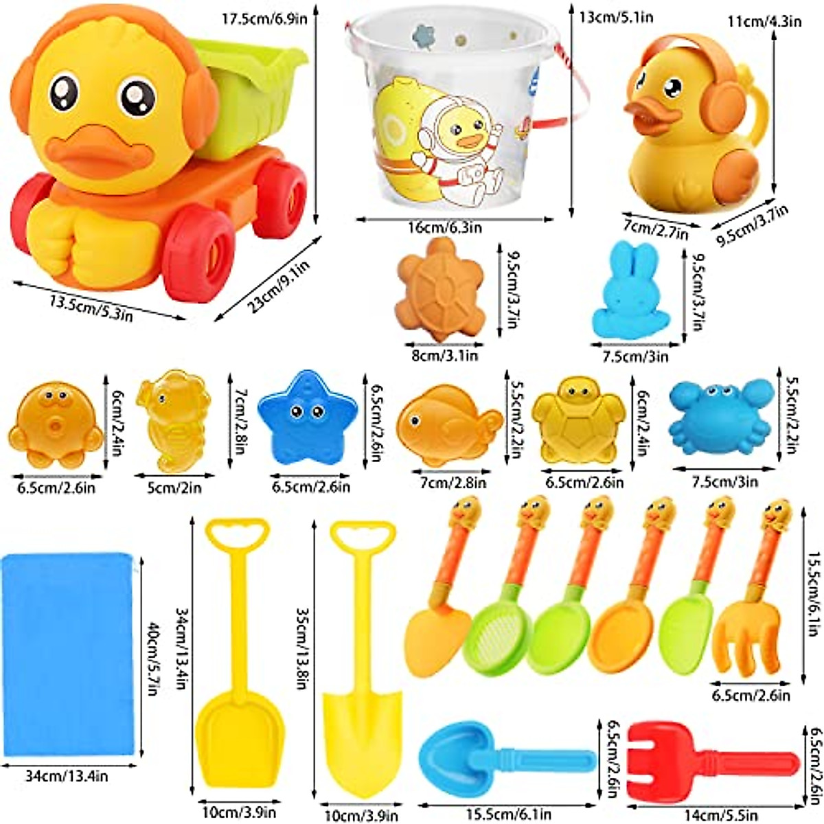 21 PCS Beach Toys with Storage Bag for Toddlers, Kids Cute Duck Theme Sand Toy Set Includes Beach Bucket, Truck, Shovel, Animal Sand Molds and Watering CanOutdoor Toys for Toddlers Kids Age 3 4 5 6+