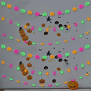 Halloween Party Decorations Neon Banner - 3pcs Glow in The Dark Paper Pumpkin Bats Spiders Hanging Swirls Streamers,Window Fireplace Room Ceiling Garland, Baby Shower Birthday Supplies Decor Panduola