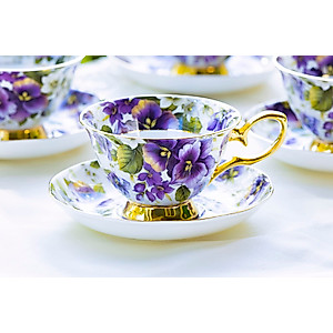 Grace Teaware Purple Pansy Gold Bone China Tea Cup and Saucer with Gold Trim
