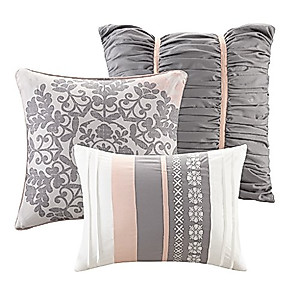 Home Essence Springfield Cozy Pink and Grey Comforter Set Floral Medallion Print - All Season Down Alternative Bedding Layer with Matching Bedskirt, Shams, Decorative Pillow, Queen, Coral 7 Piece