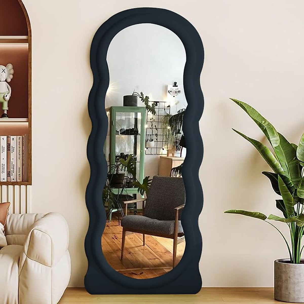 AyeWish Floor Mirror, Wavy Full Length, Wave Standing, Large Tall Wall Mounted or FreeStanding, 63"24", Flannel Frame- Black