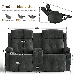 Aotolo Reclining Loveseat, Massage Loveseat Recliner Sofa Heavy Weight Capacity, RV Love Seat Chair Clearance with Console, USB, Type C Port, Storage, Cup Holders, Wall Hugger Couch, Fluffy Fabric