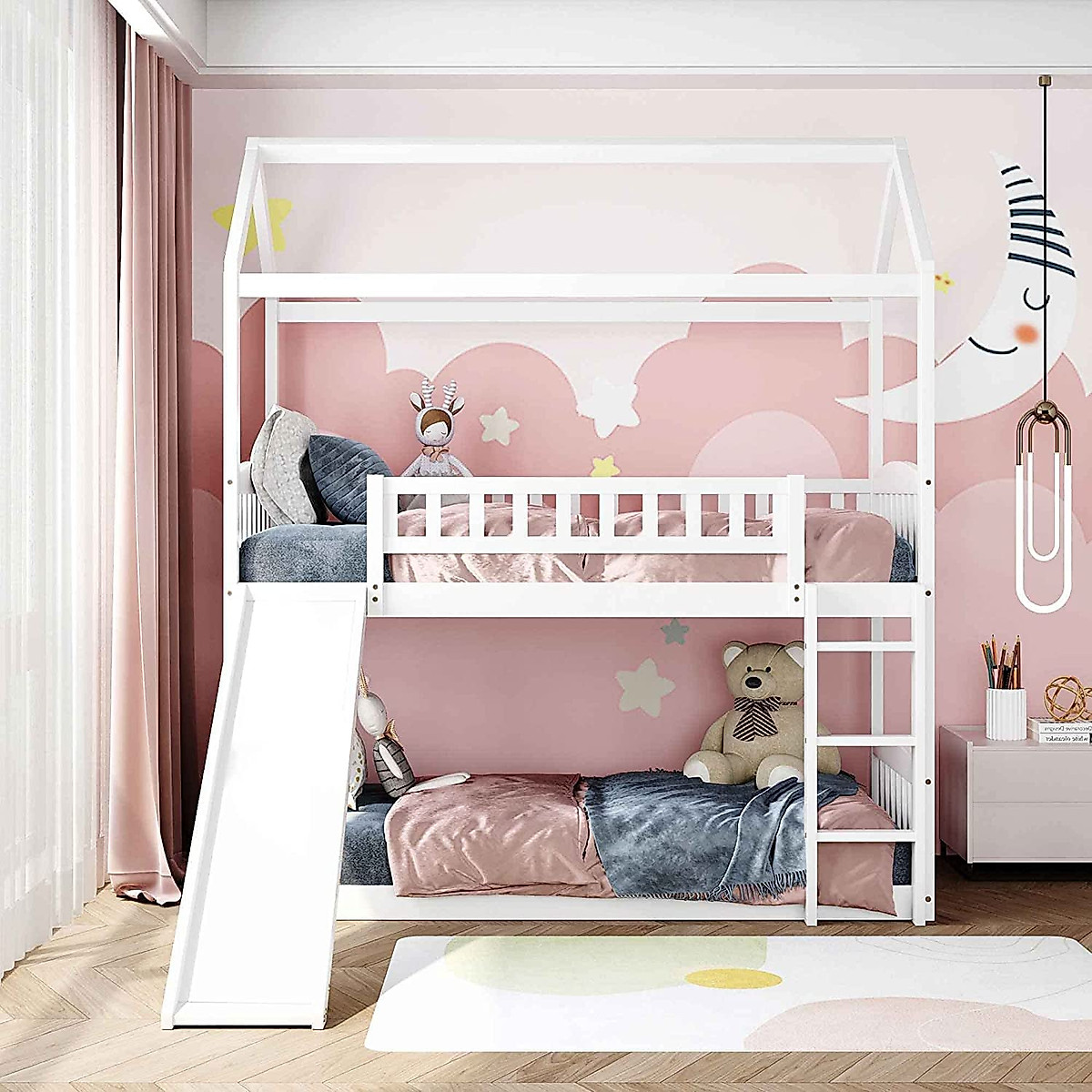 DNYN Twin Size Loft Bed with Slide for Kids Bedroom,Twin-Over-Twin House Shaped Bunkbeds w/Safety Guardrails & Roof Design,Easy Assemble & No Box Spring Need & Space Saving Design, White
