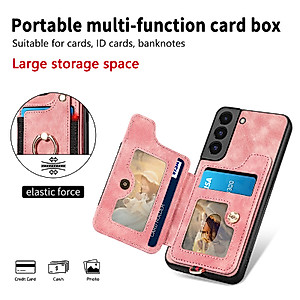 Phone Case for Samsung Galaxy S22 Plus S22+ 5G Wallet Cover with Screen Protector and Wrist Strap Lanyard RFID Credit Card Holder Ring Stand Cell Accessories S22+5G S22plus 22S + S 22 22+ Women Pink