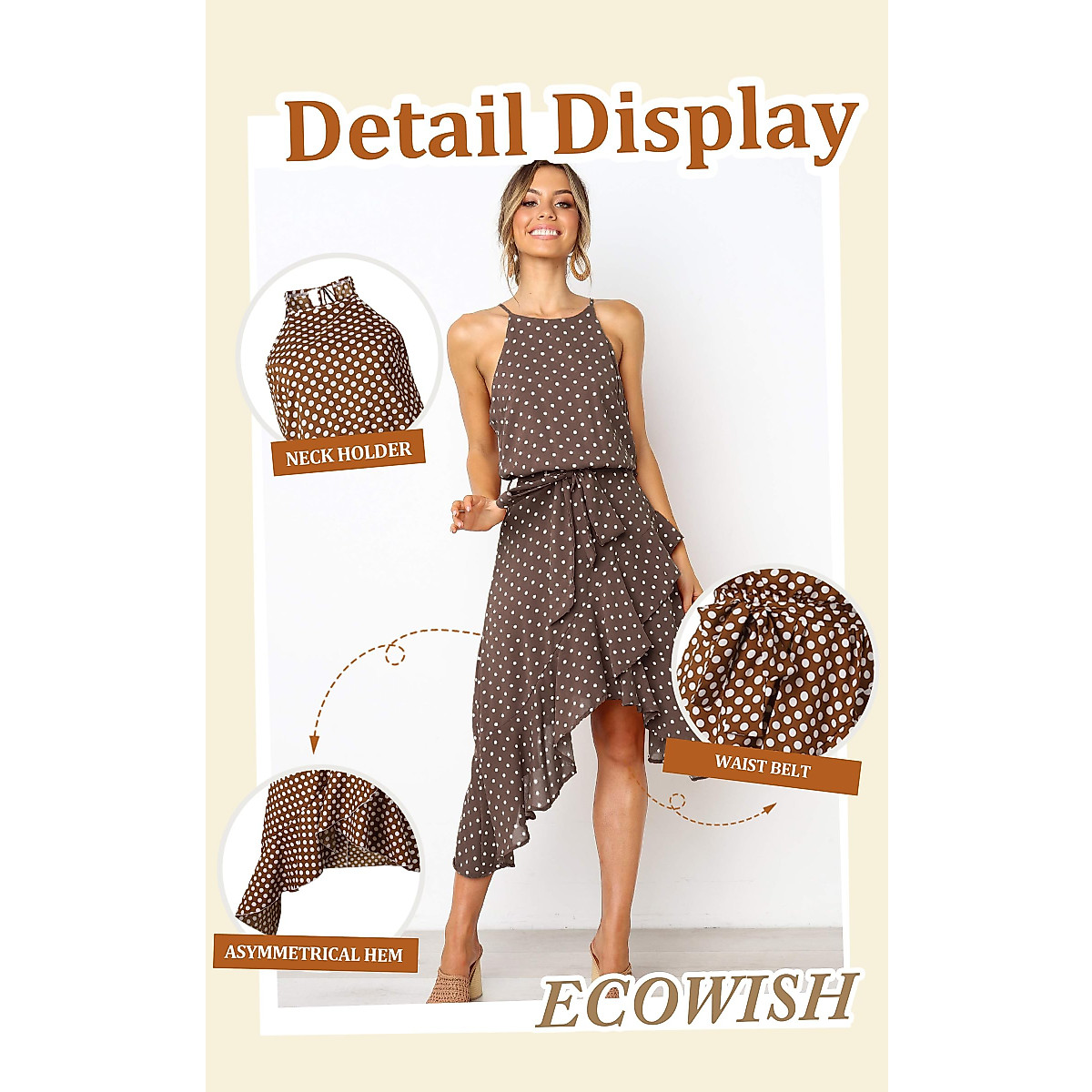 ECOWISH Polka Dot Womens Summer Dress Flowy Cute High Low Sleeveless Boho Criss Cross Halterneck Cocktail Midi Sundress 2025 Coffee Small