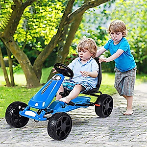 Costzon Go Kart, 4 Wheel Powered Ride On Toy, Outdoor Racer Pedal Car with Clutch, Brake, EVA Tires, Adjustable Seat (Blue)