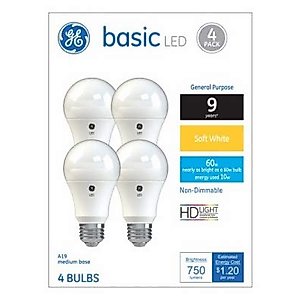 Ge Lighting 36993 10 Watt E26 A19 Frosted Soft White Led Non-Dimmable Light Bulbs 4 Count