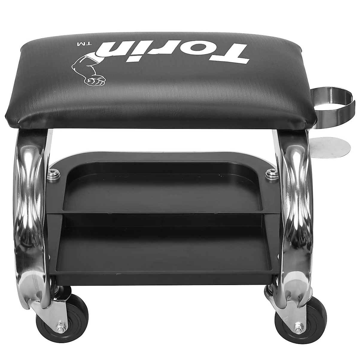 AR7451B Torin Heavy Duty Rolling Creeper Garage/Shop Seat: Padded Mechanic Stool with Tool Tray Storage and Cup Holder, Black
