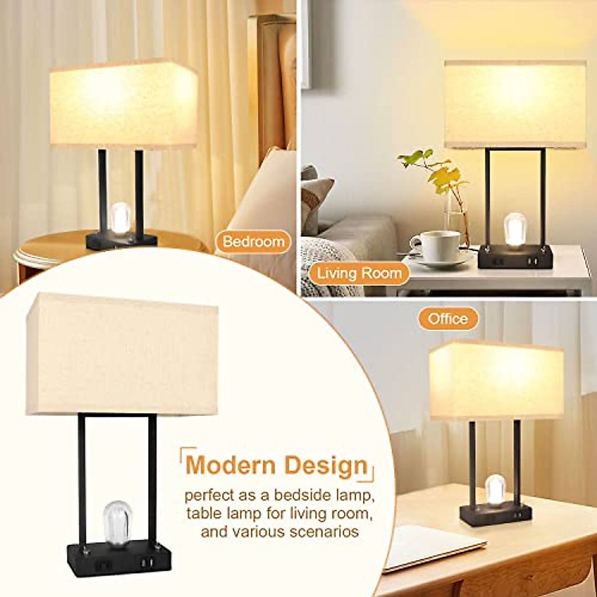 Table Lamps for Bedrooms Set of 2 - Bedside Lamps with Night Light+USB Port&AC Outlet Charging, Modern Black Nightstand Lamps with Linen Fabric Lampshade for Bedroom Living Room (4 Blubs Included)