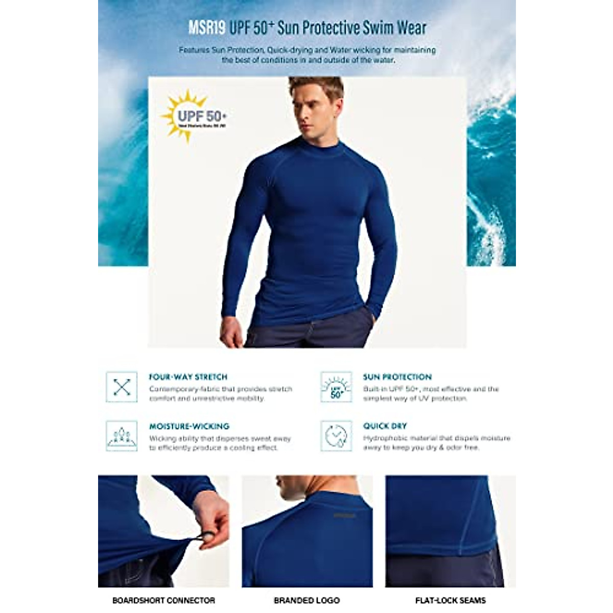 TSLA Men's UPF 50+ Long Sleeve Rash Guard, UV/SPF Quick Dry Swim Shirt, Water Surf Swimming Shirts, Basic Guard Navy, X-Large