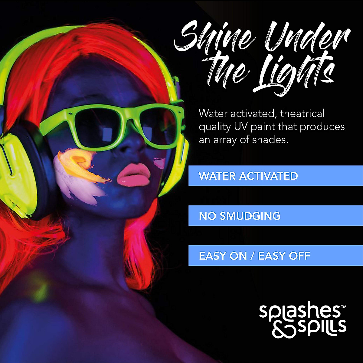 Water Activated UV Black Light Face and Body Paint - 6 Color Pack - Costume, Halloween and Club Makeup - Safe for all Skin Types - Easy On and Off - 18g Cakes - by Splashes & Spills