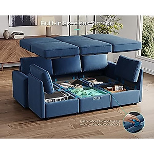 LINSY HOME Modular Sectional Sleeper Sofa, Convertible Sofa Bed with Memory Foam, Storage, Modular Sectionals Couch with Chaise for Family Movie Night, Living Room Furniture Sets, Blue