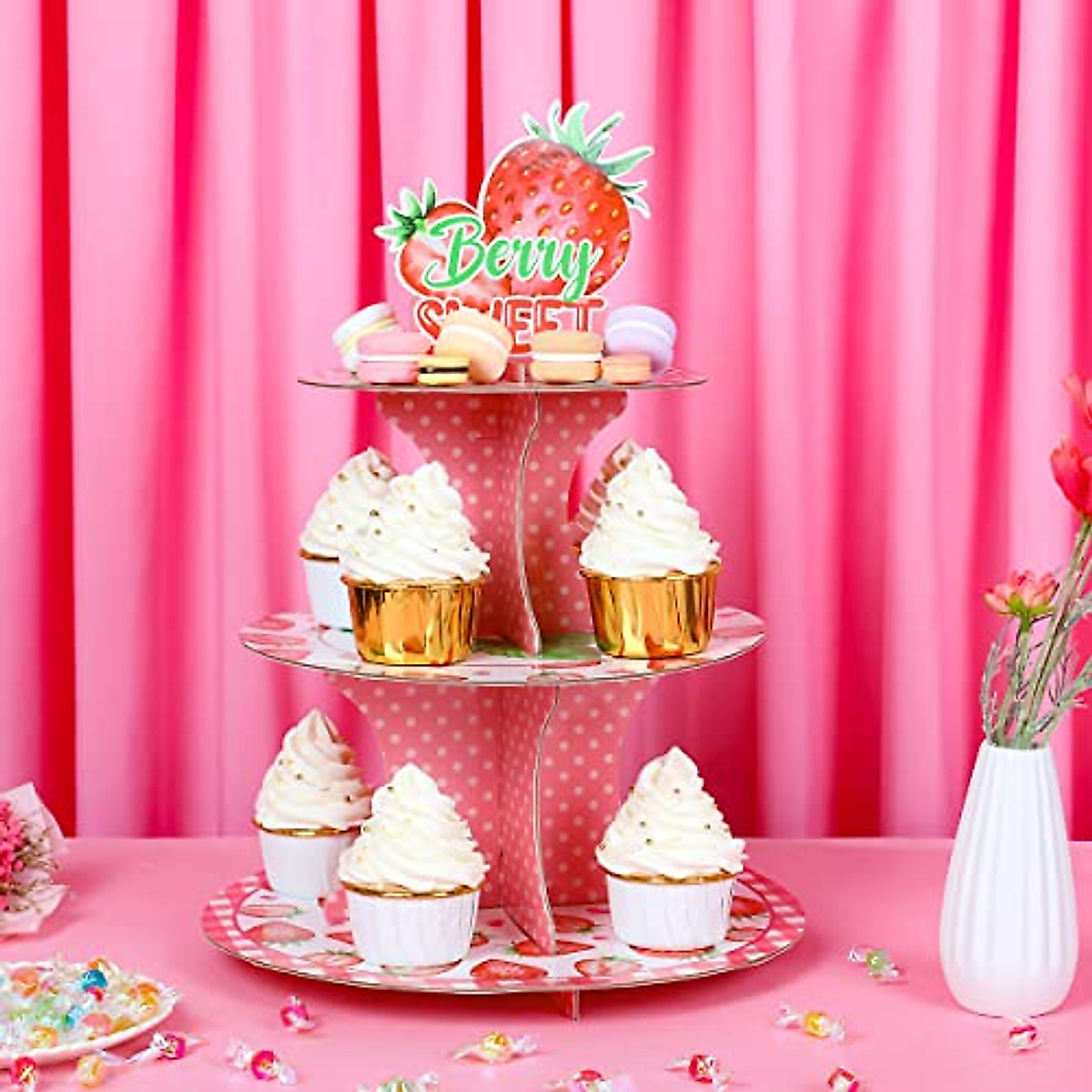 Strawberry Cupcake Stand - Berry Sweet Birthday Party Decorations, 3 Tier Round Strawberry Themed Dessert Tower Stand, Cupcake Holder Stand for Sweet One Birthday Party Decorations