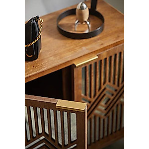 LONYKE Mid Century Modern Dresser, 2 Door Accent Cabinet Woven with Mirror Fronts Clean-Lined Silhouette, Natural