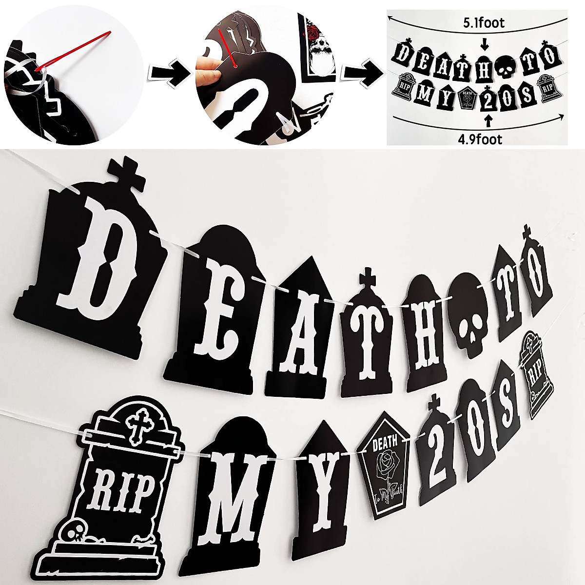Death to My 20s Decoration, Black 30th Birthday Decoration, Funeral For My Youth Party Supplies with Banner, Rip to My 20s Sash, Photo Prop, 30th Balloon, Cake Topper, Funny Thirty Birthday Supplies
